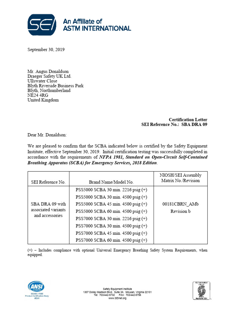 SCBA Certification Confirmation Letter | PDF | Certification