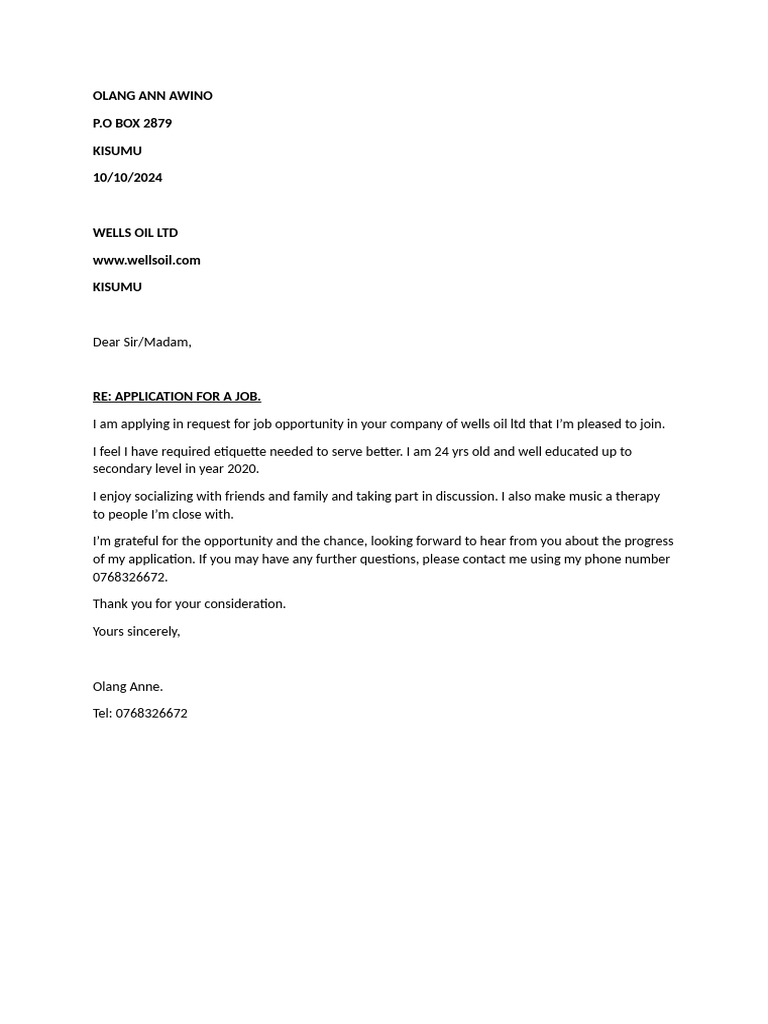 Job Application to Wells Oil Ltd | PDF