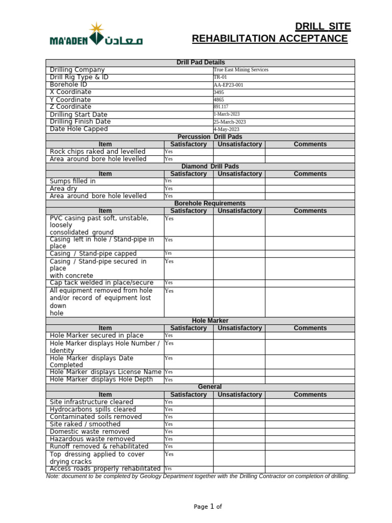 MGBM Drill Site Rehabilitation Acceptance Form (AA-EP23-001) | PDF ...