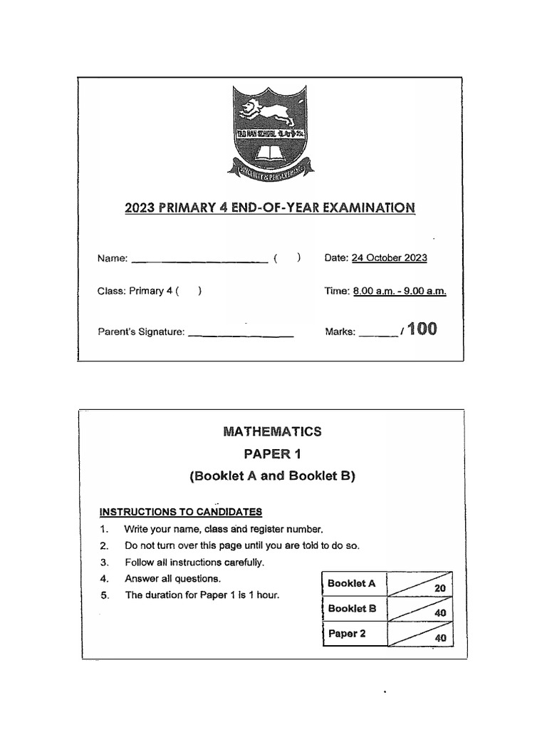 P4 Maths EOY 2023 TaoNan Exam Papers | PDF | Qualifications ...
