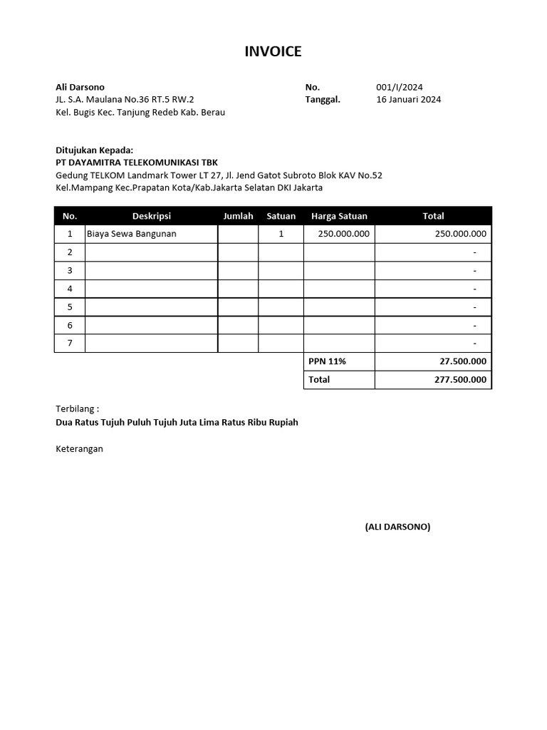 Invoice - Sewa Bangunan | PDF