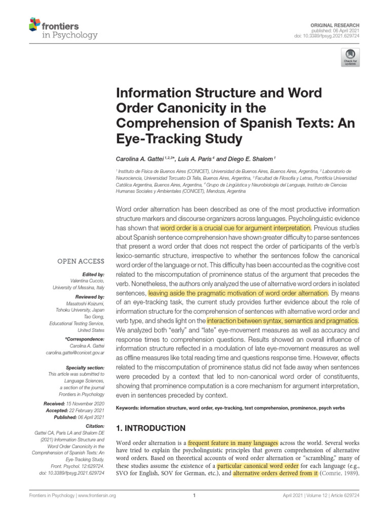 Eye-Tracking Study on Spanish Word Order | PDF | Sentence (Linguistics ...