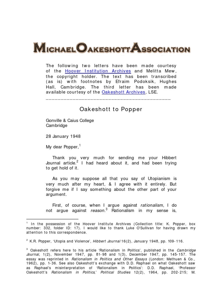 Letter To Popper | PDF | Michael Oakeshott | Rationalism