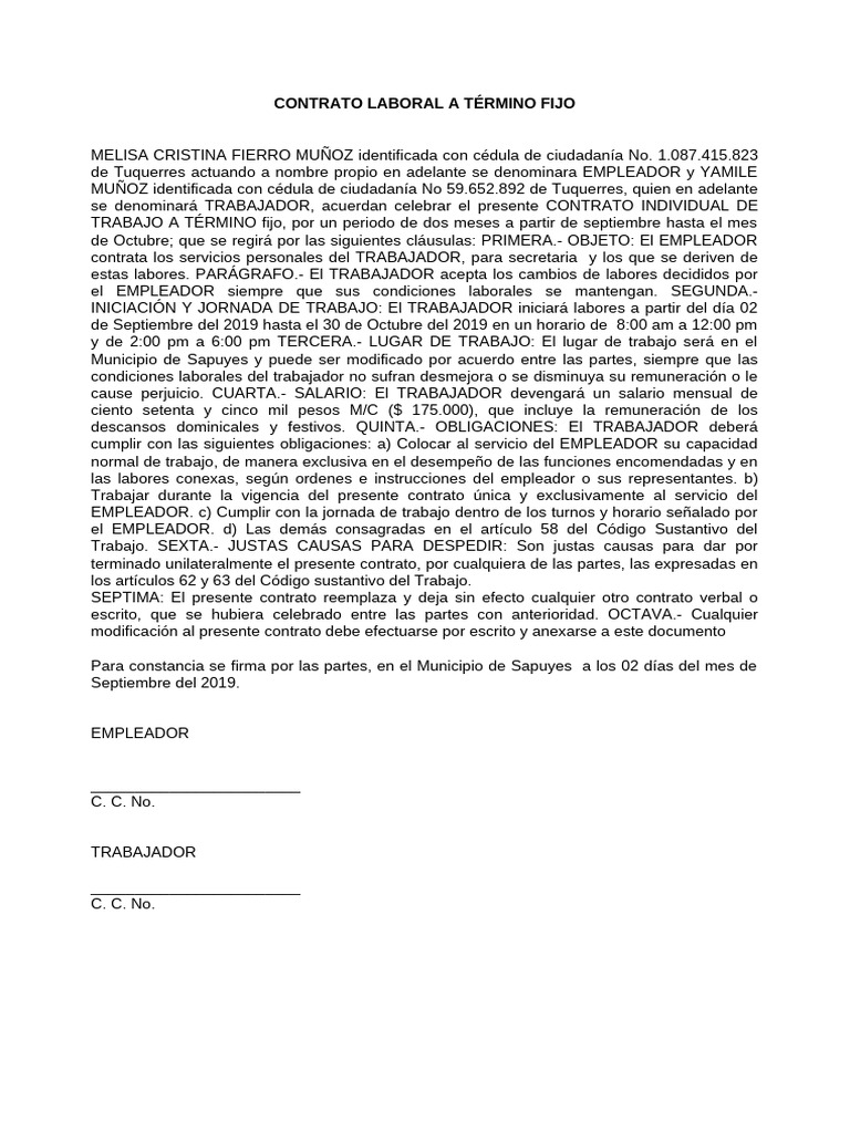 Contrato Laboral a Término Fijo 2019 | PDF | Salario | Labor