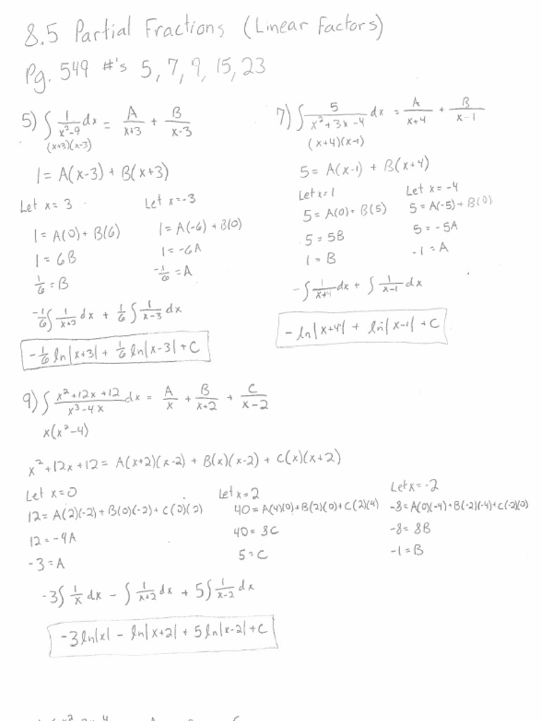 8.5 Partial Fractions Linear Factors HW | PDF