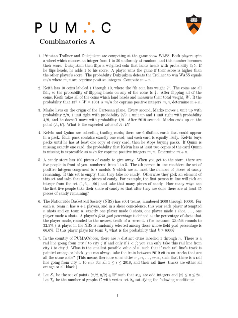 2019Combo_A (PUMAC) | PDF | Probability | Number Theory