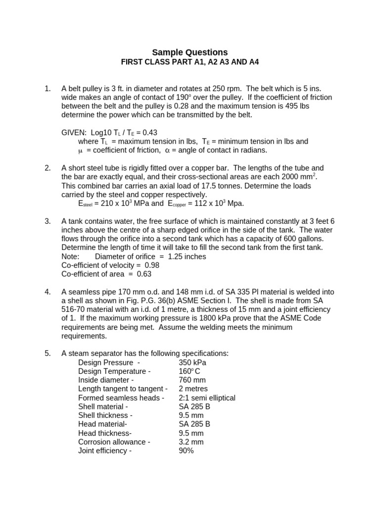 1st Class A1-2-3-4 Questions | PDF | Boiler | Belt (Mechanical)