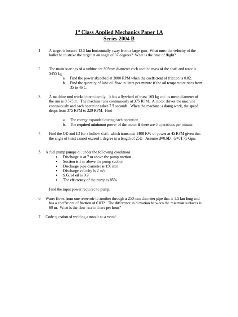 1st Class Applied Mechanics Paper 1A | PDF