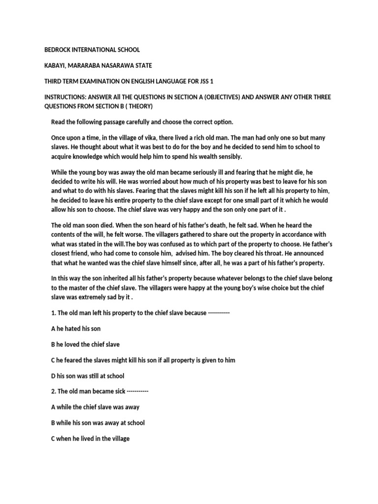 Jss 1 Examinations Questions | PDF | Linguistics