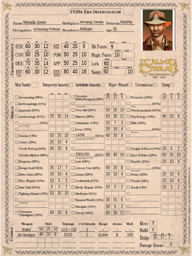 Nevada Jones - Editable Character Sheet | PDF