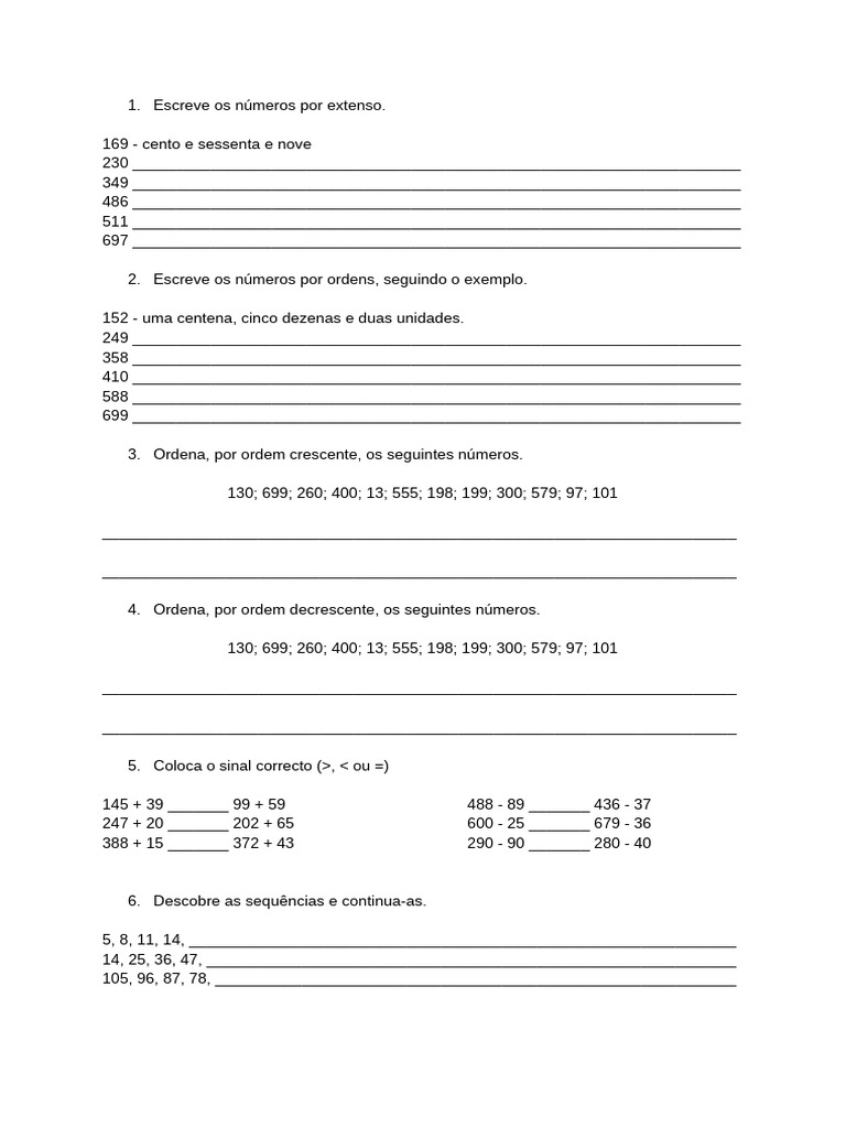 FICHA MATEMÁTICA 2º ANO - LEITURA DE NUMEROS POR EXTENSO E ORDENS, ORDENAR #CRESCENTE E ...