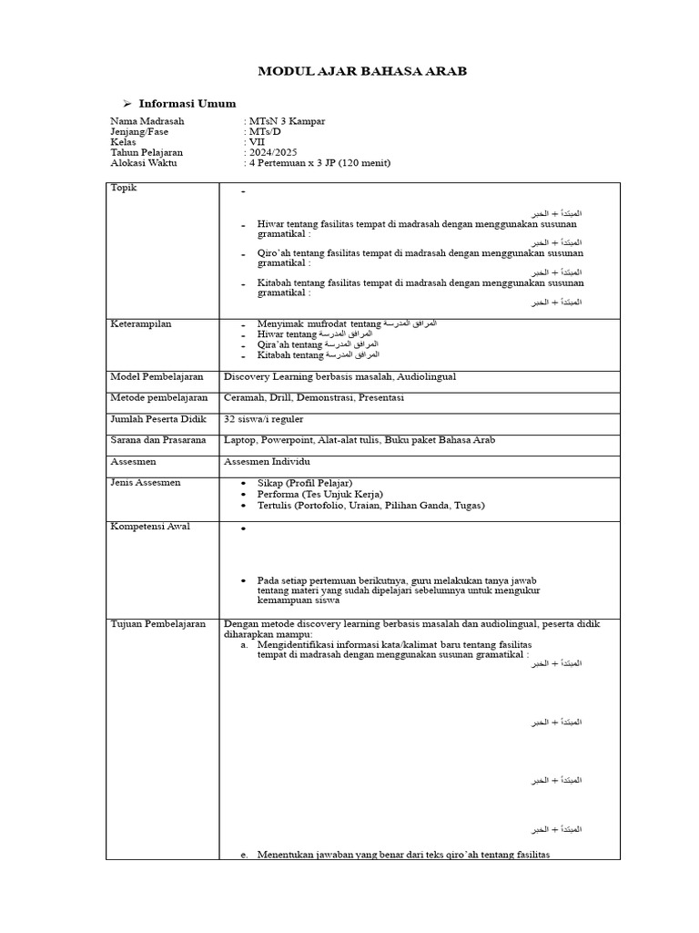 MODUL AJAR BAHASA ARAB Kls 7 Tia Bab 2 Fix | PDF