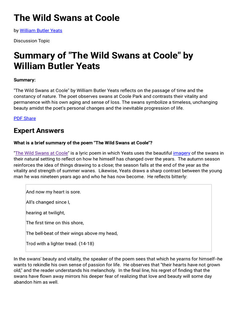 Summary of - The Wild Swans at Coole - by William Butler Yeats | PDF ...