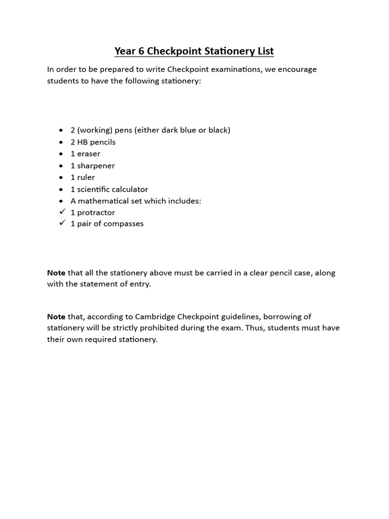Year 6 Checkpoint Exam Stationery List | PDF