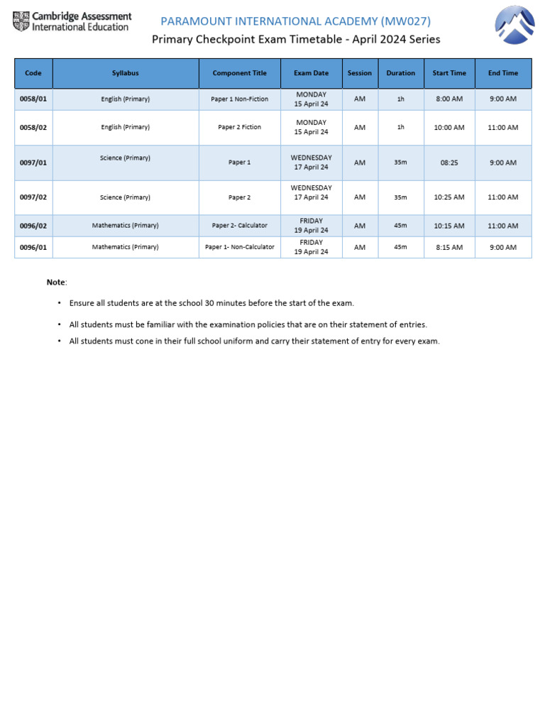 2024 Primary Checkpoint Exam Timetable - April 2024 Series | PDF