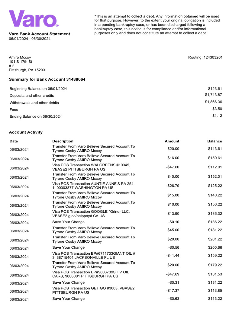 Varo Bank Account Statement: Date Description Amount Balance | PDF ...