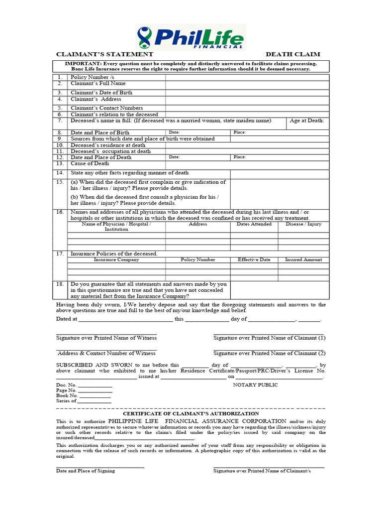 Phillife Claimant Statement Form Death Claim 1 | PDF