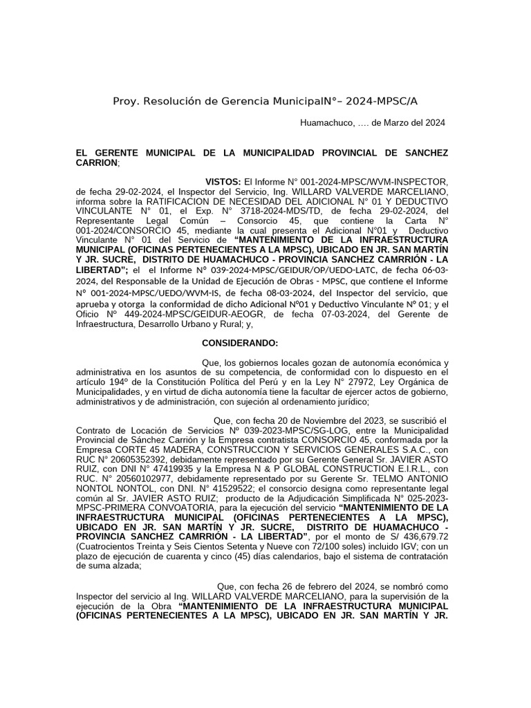 Resolucion Adicional 01 y Deductivo Vinculante 01 - Mantenimiento | PDF | Presupuesto