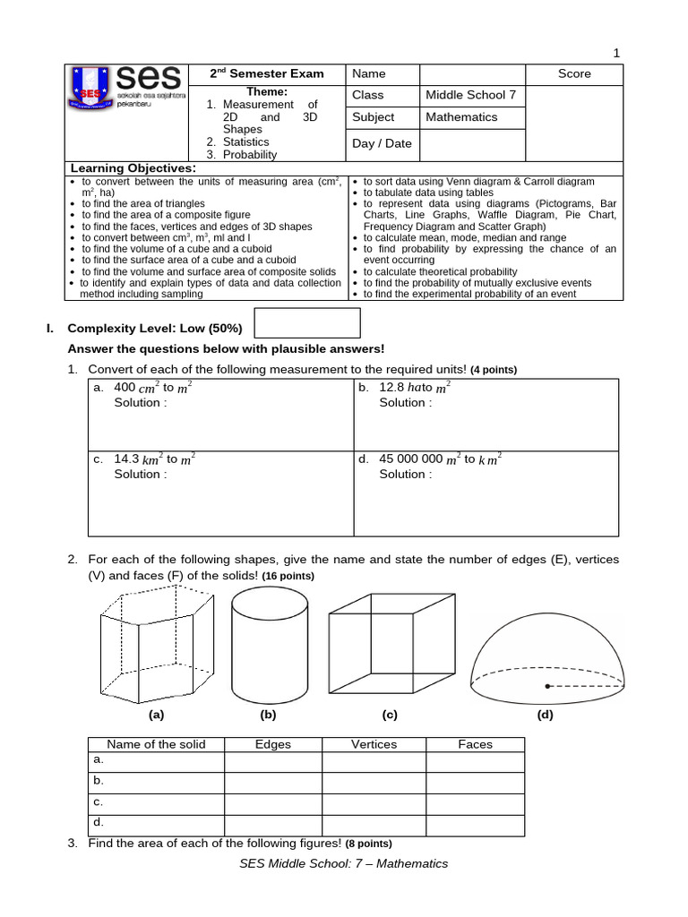 MS7 2nd Semester Maths Exam 2022-2023 | PDF | Volume | Area