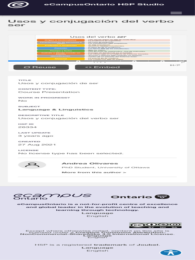 Usos y Conjugación Del Verbo Ser eCampusOntario H5P Studio | PDF