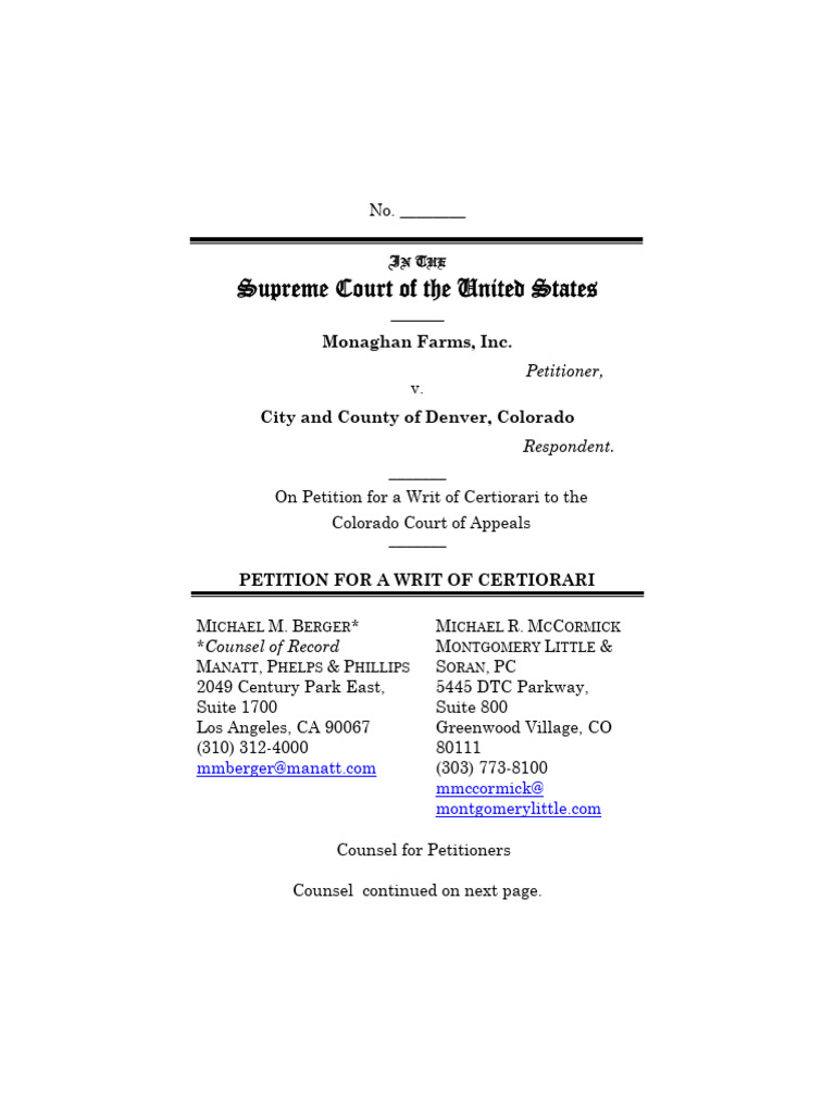 Petition For A Writ of Certiorari, Monaghan Farms, Inc. v. City and County of Denver, No. - (U.S ...