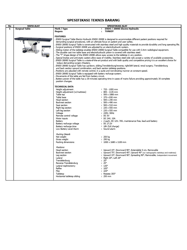 Spesifikasi ENDO 2000E Electro Hydraulic | PDF | Rechargeable Battery | Electrical Engineering