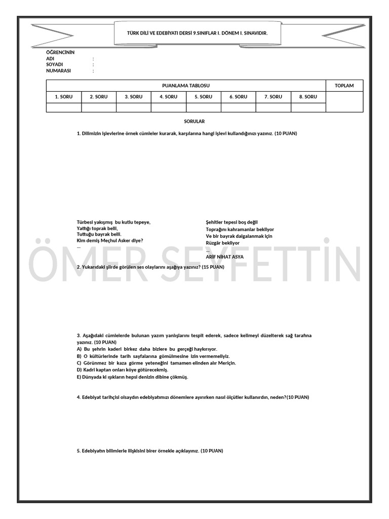 9.sinif Turk Dili Ve Edebiyati 1.donem 1.yazili Sorulari Acik Uclu 2.bulasik Makinesi | PDF