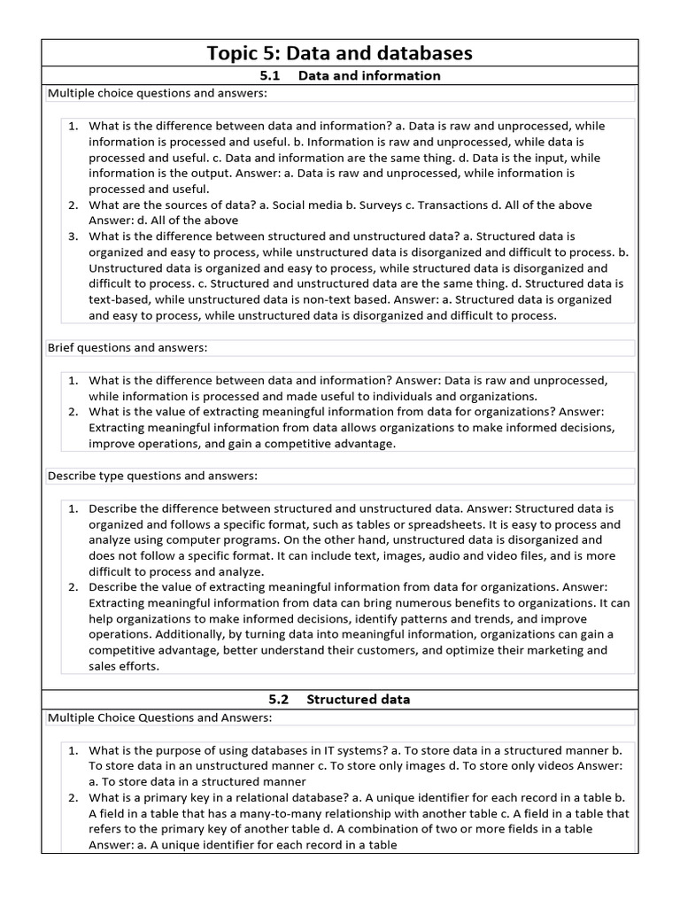 Unit 1 - Chapter 5 - Worksheet - Answer | PDF | Databases | Sql