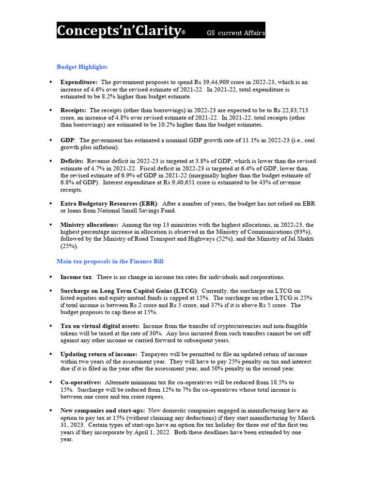 Budget Highlights | PDF | Government Budget Balance | Capital Gains Tax
