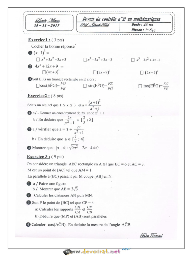 Devoir de Contrôle N°2 - Math - 1ère AS (2017-2018) MR Gharbi Tayeb | PDF