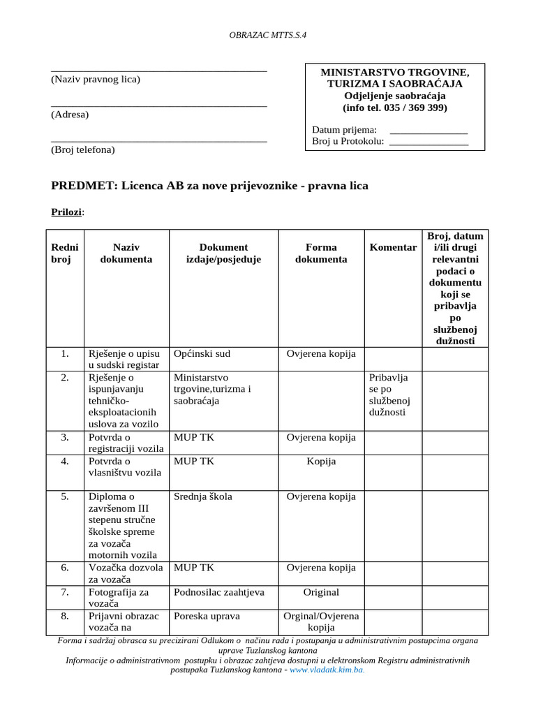 MTTS.S.4 Licenca AB Za Nove Prijevoznike-Pravna Lica | PDF