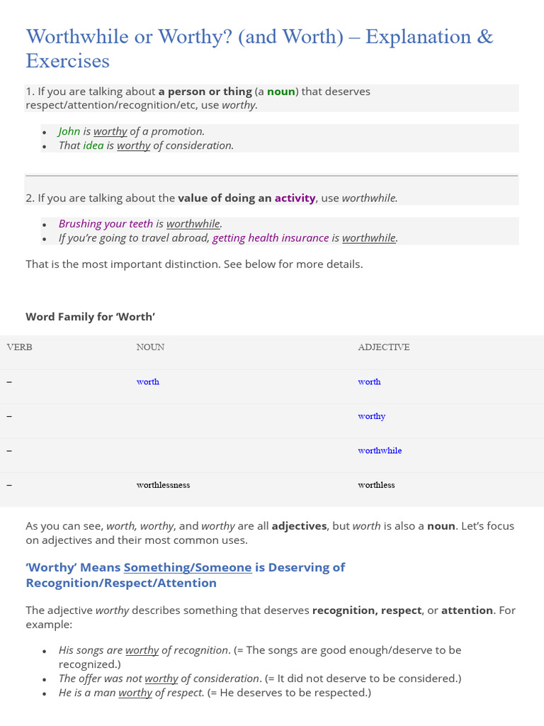 Worthwhile or Worthy or Worth | PDF | Adjective | Noun