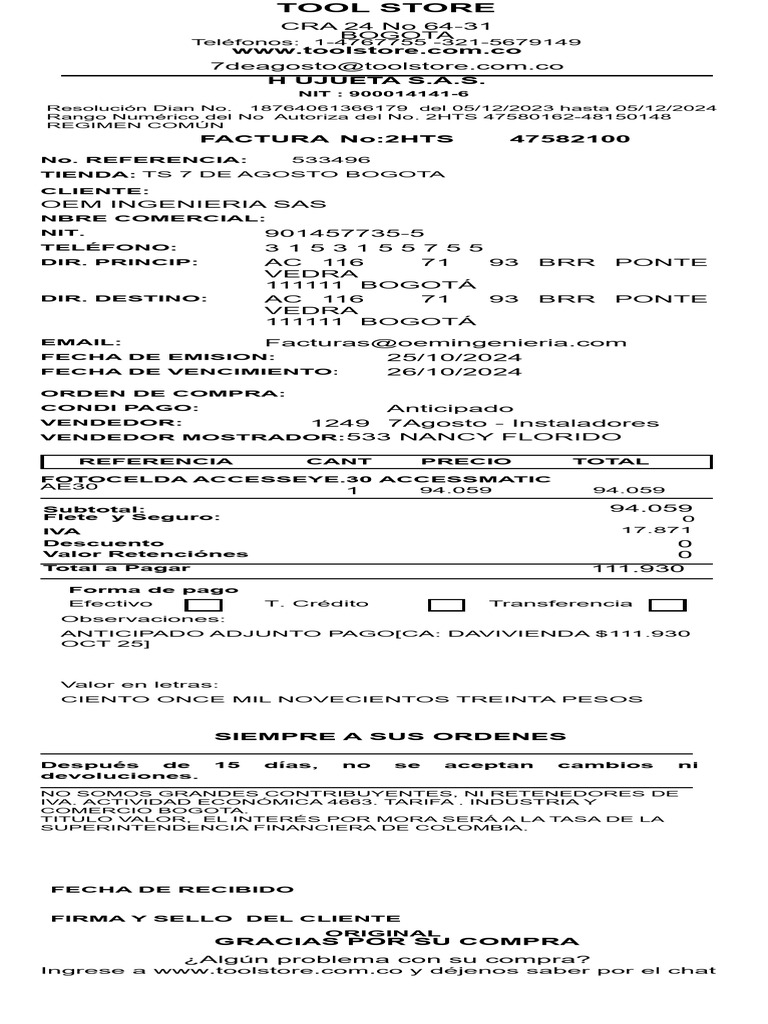 Factura de Compra Tool Store Bogotá | PDF | Negocios