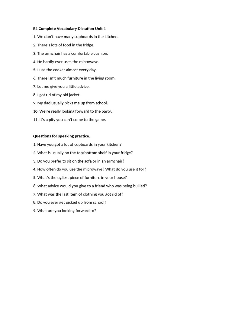 B1 Complete Vocabulary Dictation Unit 1 | PDF | Cooking, Food & Wine