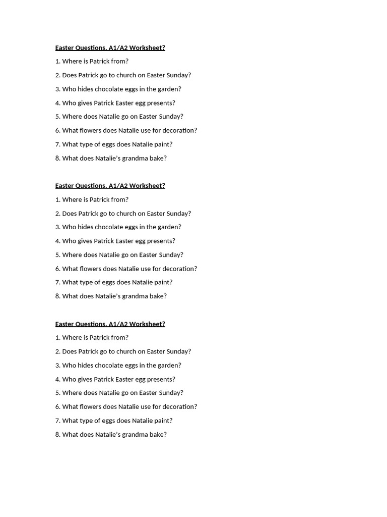 Easter Questions A1 A2 Worksheet | PDF | Cooking, Food & Wine | Art