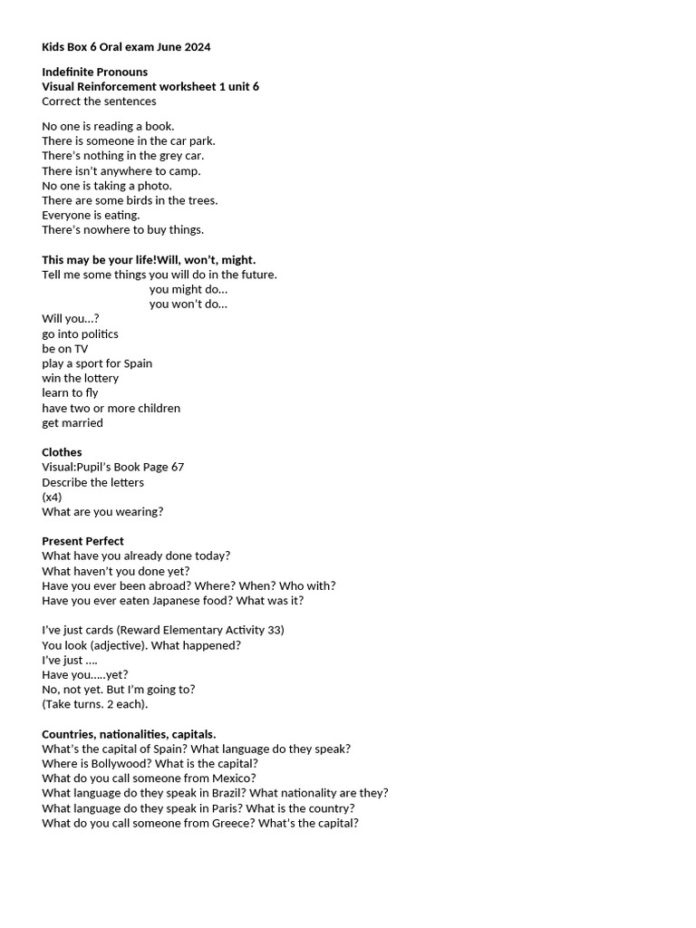 Kids Box 6 Oral Exam Prep Guide | PDF | Language Arts & Discipline