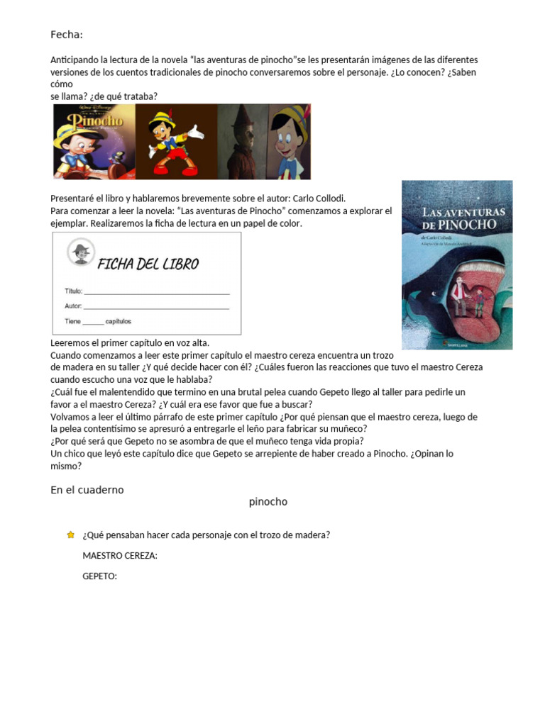 Secuencia Didáctica Las Aventuras de Pinocho | PDF | Pinocho | Marionetas