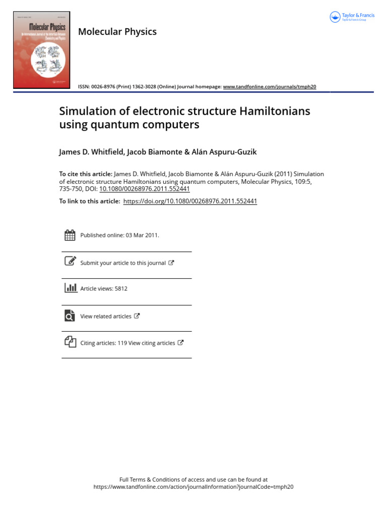 Simulation of Electronic Structure Hamiltonians Using Quantum Computers | PDF | Computational ...
