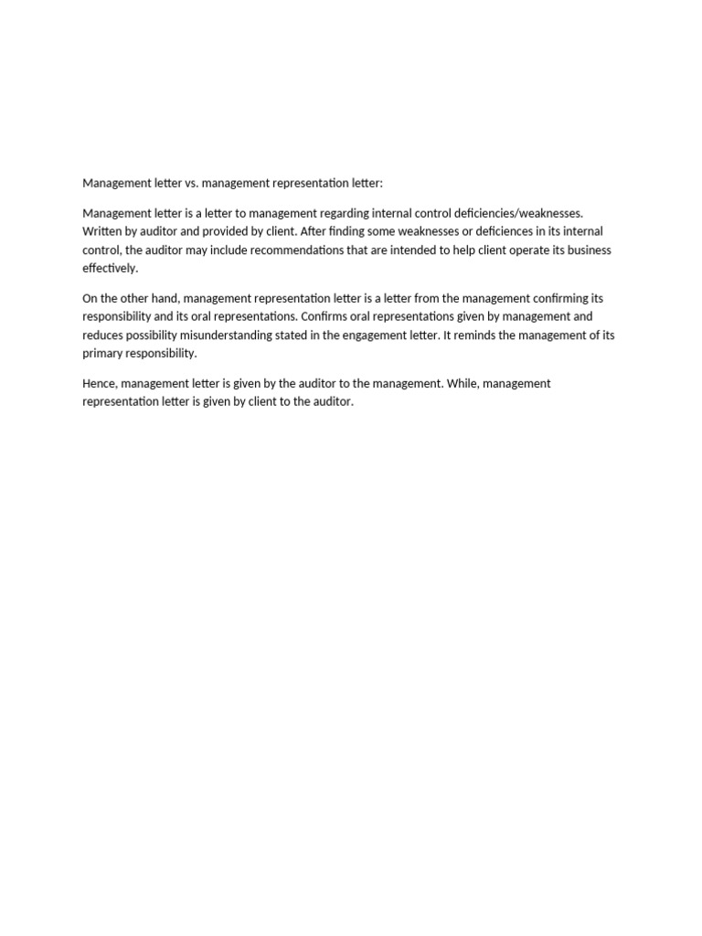 Management Letter vs. Management Representation Letter | PDF