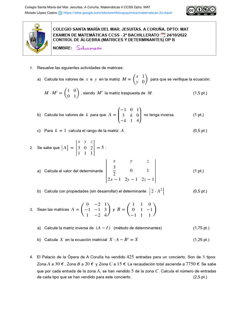 2022-2023 MAT2 CCSS EVA1 Control 1B Solucionario | PDF | Matriz (Matemáticas) | Determinante