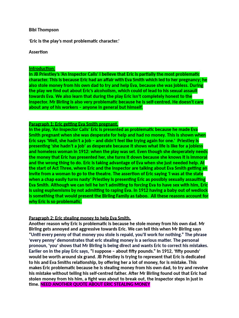 Eric Is The Play's Most Problematic Character | PDF