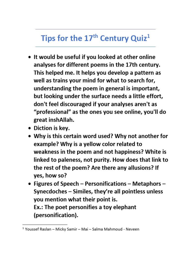 Tips For The 17th Century Quiz | PDF | Poetry