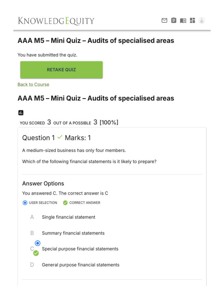 AAA M5 - Mini Quiz - Audits of Specialised Areas - KnowledgEquity | PDF ...
