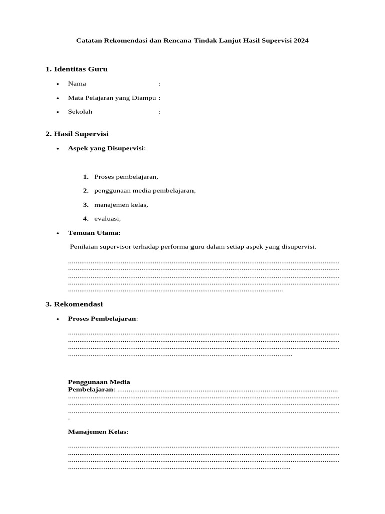 Catatan Rekomendasi Dan Rencana Tindak Lanjut Hasil Supervisi 2024 | PDF | Seni