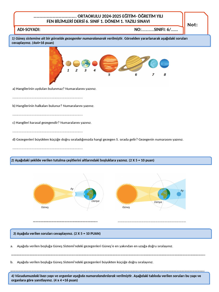 6 Fen 1 Donem 1 Yazili Ozumlu 2024-2025 | PDF