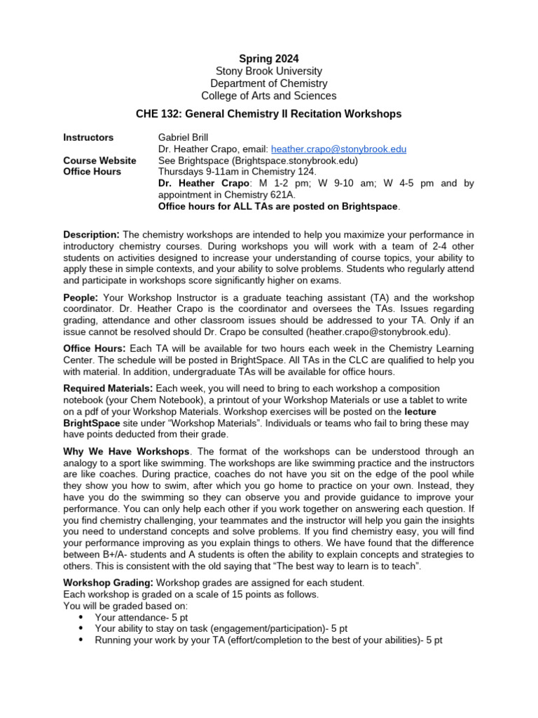 CHE 132 Workshop Syllabus Spring 2024 | PDF | Teaching Assistant ...