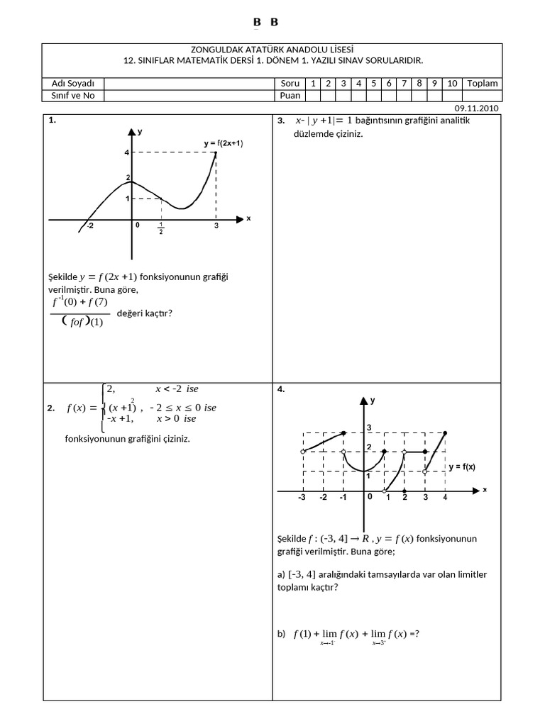 12 Sinif Matematik 1 Donem 1 Yazili | PDF