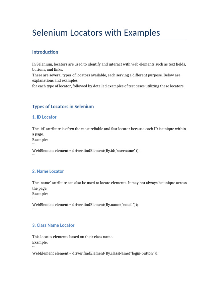 Selenium Locators Test Cases | PDF | X Path | Html Element Selenium Locators Test Cases | PDF | X Path | Html Element