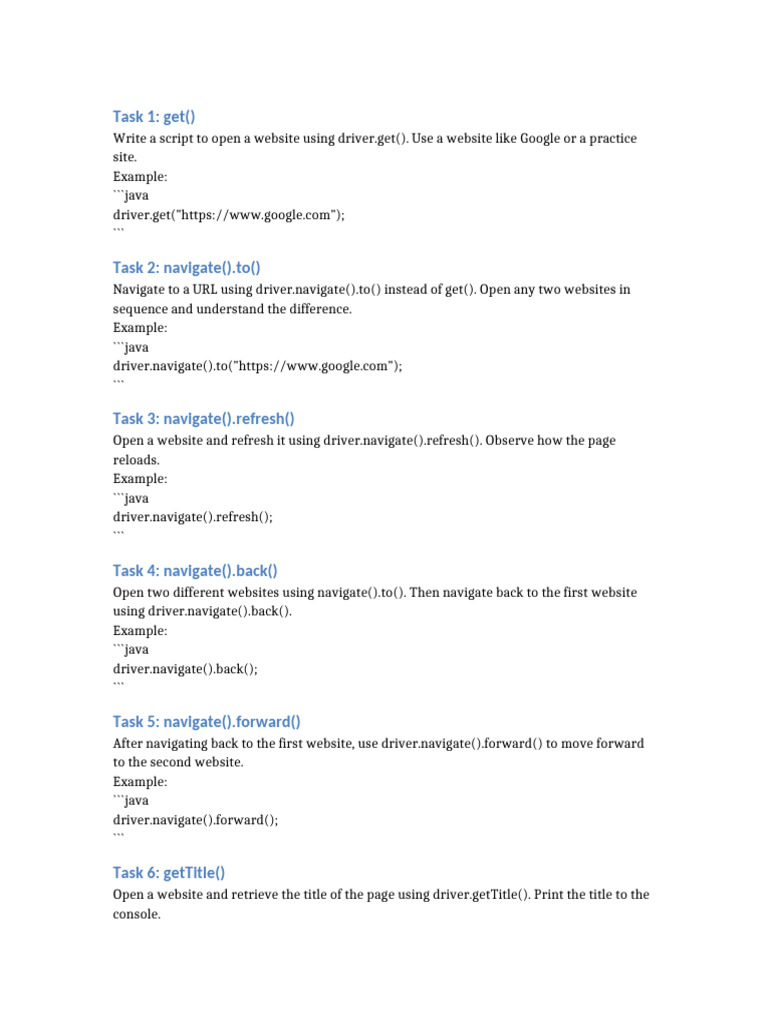 Selenium WebDriver Tasks With Examples | PDF | Web Software | Software