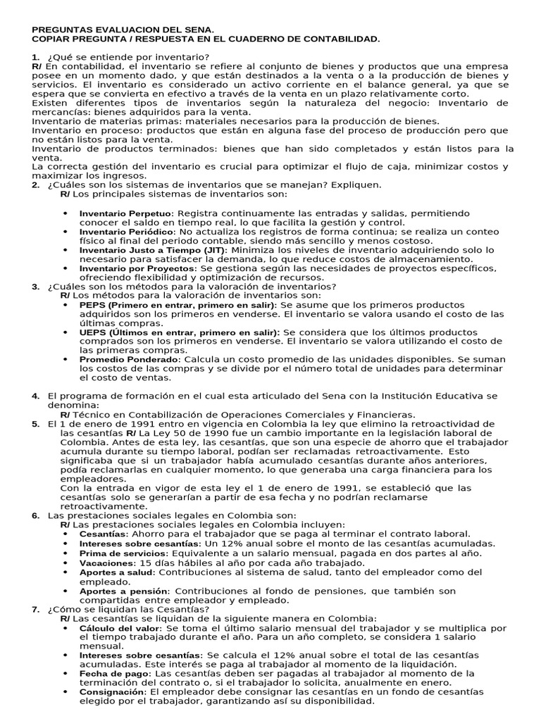 Preguntas Evaluacion Del Sena Exposiciones 11º | PDF | Estado financiero | Contabilidad